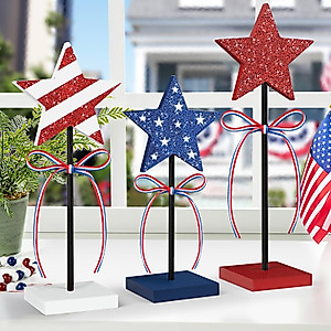 Labor Day Tiered Tray Decor Wooden Star Set, 3 Pcs Veterans Day Table Decorations, Rustic Patriotic Tabletop Home Decor, Red White and Blue Decorations for Celebration Home (Shiny)