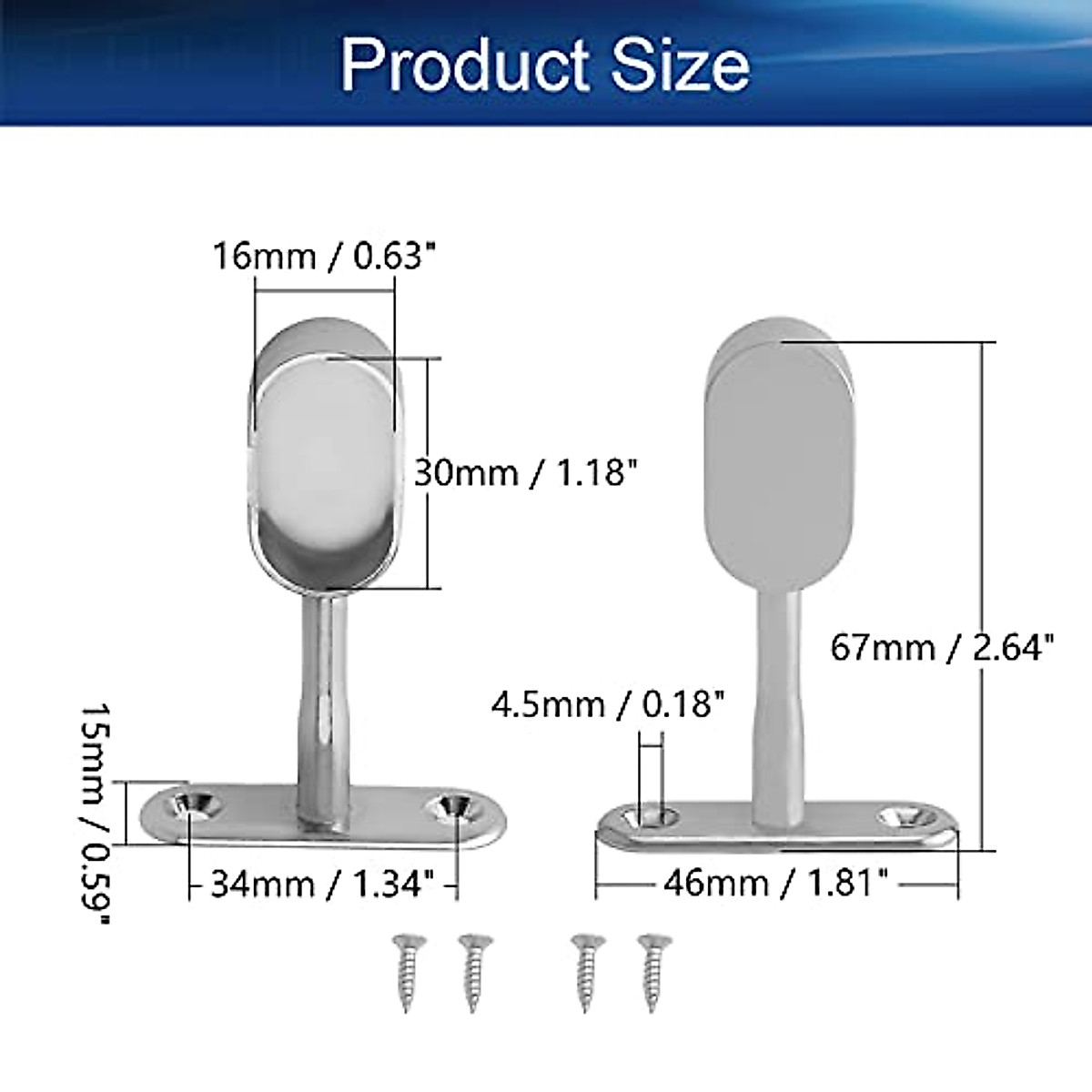 Yinpecly 0.63" x 1.18"(WxL) Zinc Alloy Oval Closet Rod Support Bracket Without Screws for Cupboard Clothes Hanging Wardrobe Silver Tone 2pcs