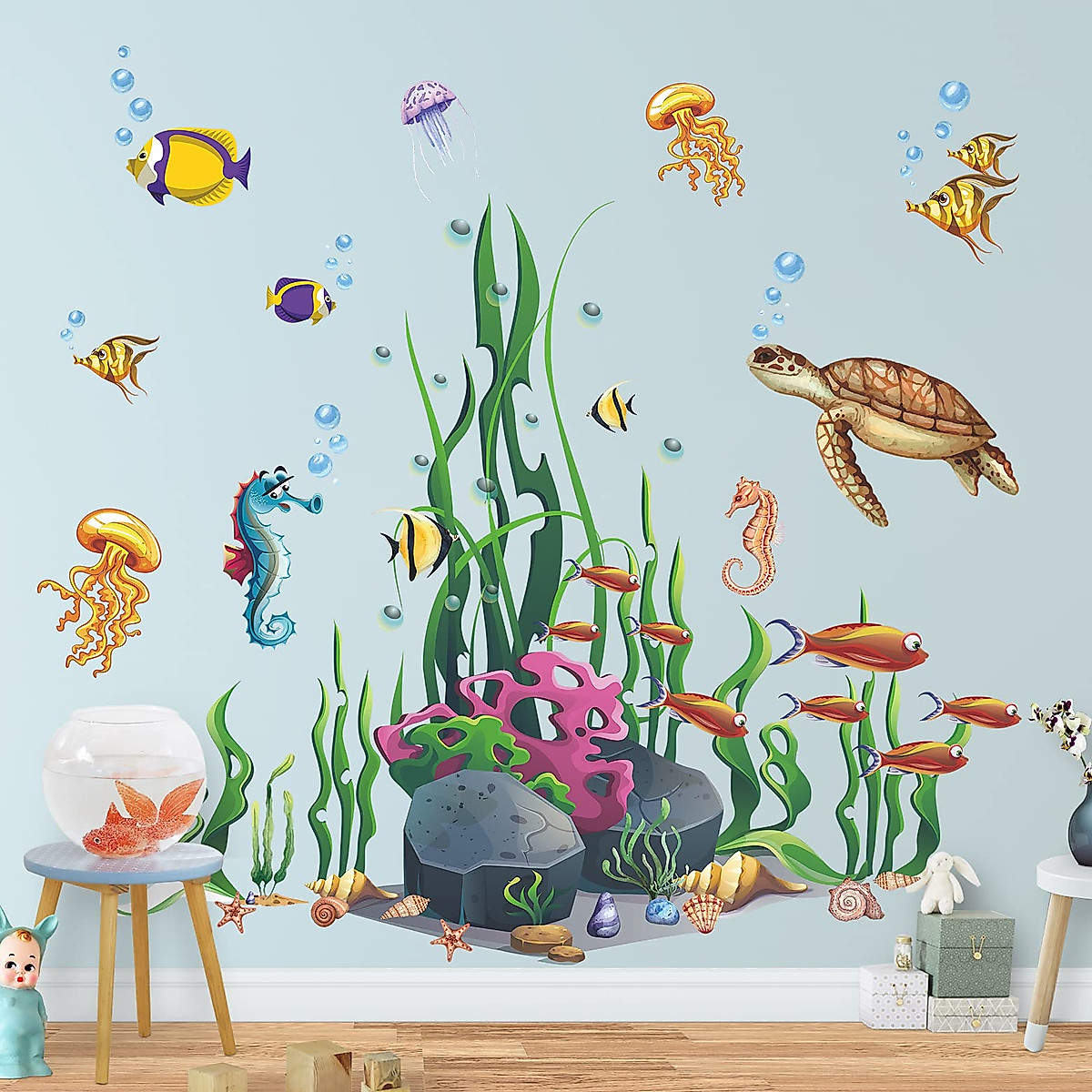 RW-1073 3D Ocean Wall Decals Under The Sea Fish Wall Stickers Ocean Animals Wall Art Decals View Under Sea Removable DIY Stickers for Kids Babys Bedroom Bathroom Living Room Nursery Home Decoration