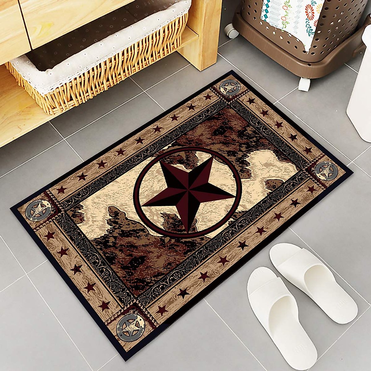 Independence Day 2 Pieces Kitchen Rug Mat Set Retro Star Map Absorbent Soft Runner Carpets Country Pentagram Border Nostalgic Classic Non Slip Doormat Floor Mats Throw Runner Rug for Living Room