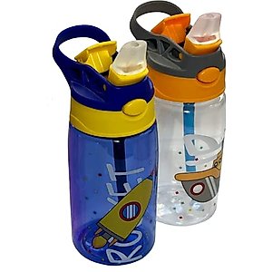 (2-Pack) ZIGIDO Kids Water Bottle for School, 16oz with Straw, ideal for Boys and Girls, Spill Proof & Dishwasher safe Kids Bottle, BPA-Free, Sippy Cup with attractive design, White & Blue