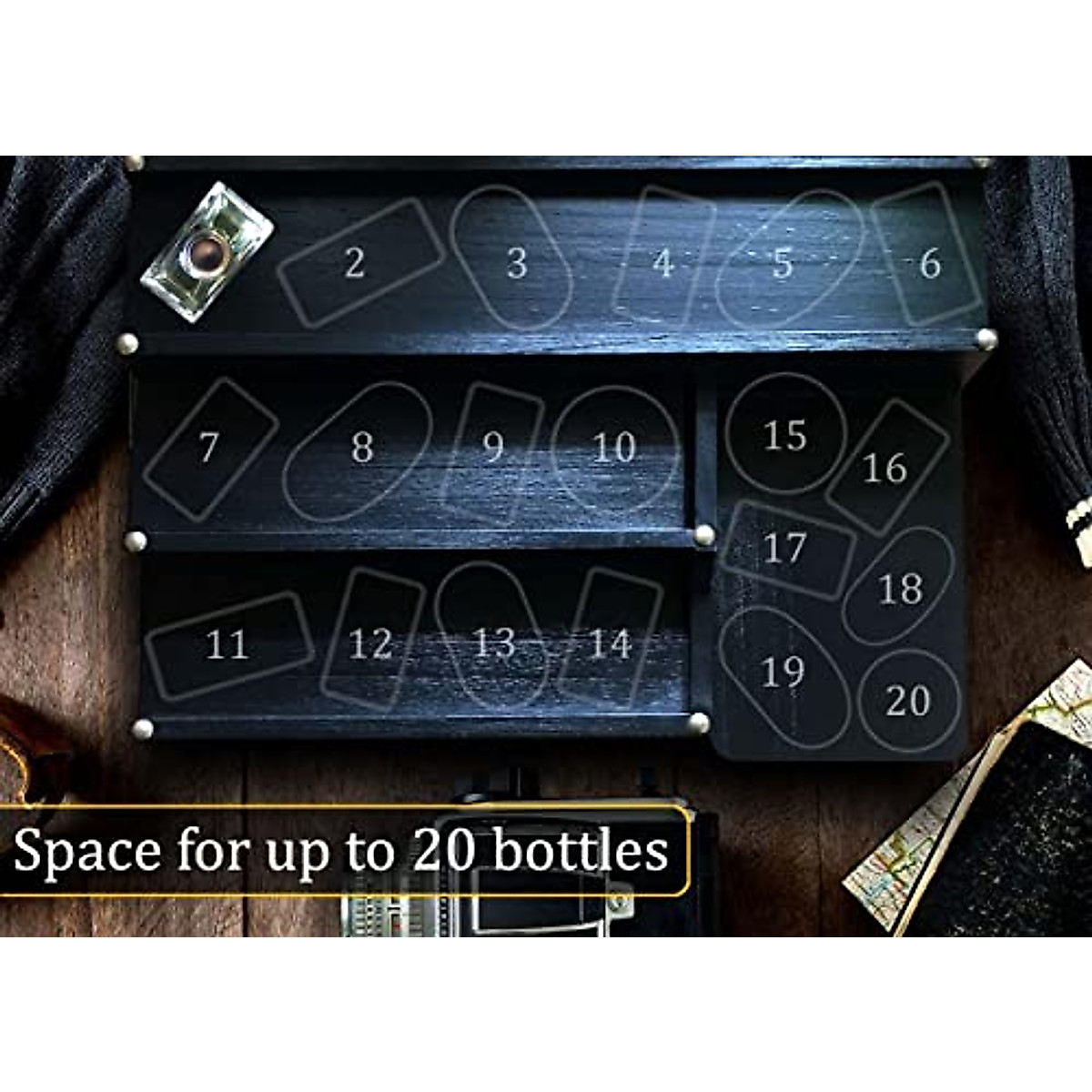 ALCEDIA Cologne Organizer for Men - 4 Tiered Solid Wood Cologne Stand Display Shelf with Hidden Compartment. Vanity Organizer, Perfume Organizer, Spices Organizer and Funko Pop Shelves. (Rustic Black)