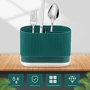 TOPBATHY Kitchen Utensil Draining Chopstick Cage Silverware Drainer Basket 3 Divided Cutlery Drying Utensil Crock Sink Countertop Flatware Organizer for Spoons Forks Green