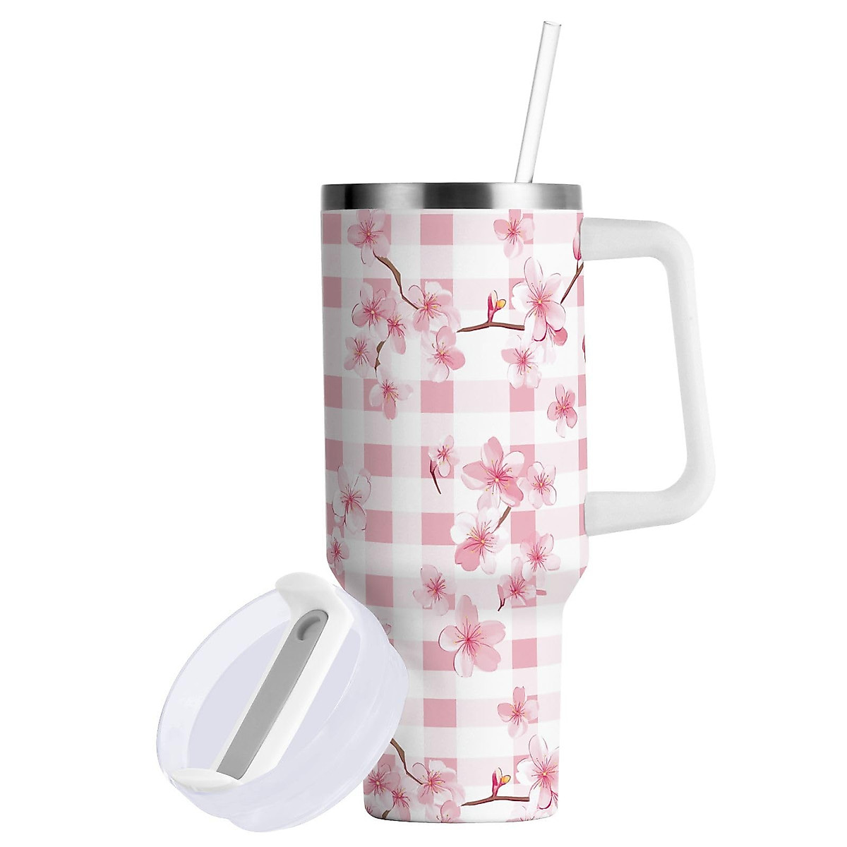 ALAZA Cute Cherry Flowers Plaid 40 oz Tumbler Water Bottle with Straw Lid and Handle,Reusable Insulated Stainless Steel Cup for Women Men Travel Car Cup Holder
