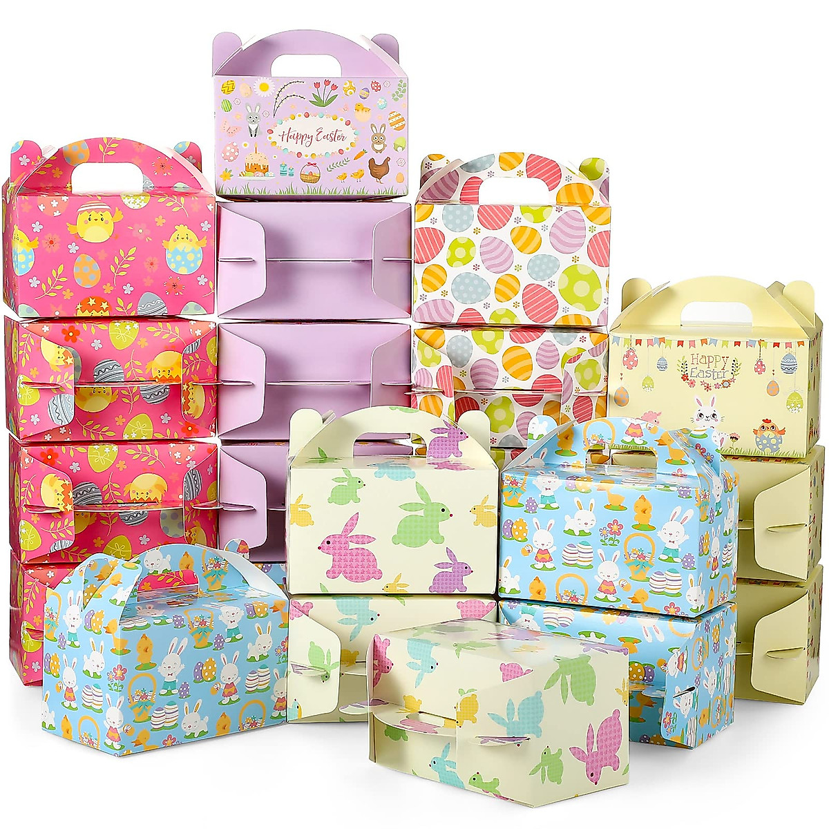 Dianelhall 24 Pcs Easter Treat Boxes Paper Gift Box Party Favor Small Basket with Handle Bunny Eggs Containers for Kids Gifts, 6 x 3.5 x Inch