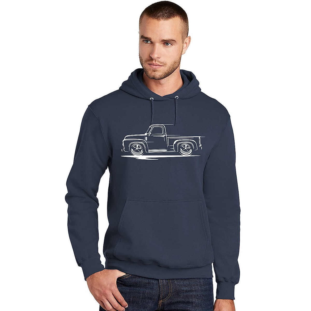 Maddmax Car Art 1953-56 Ford F100 Pickup Truck Redline Design Hoodie Sweatshirt XX-Large navy
