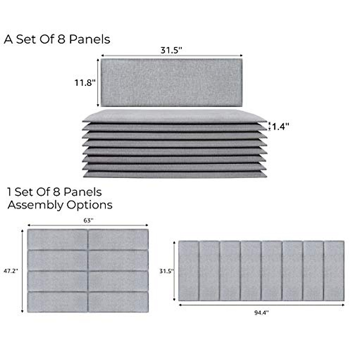 Art3d Padded Bed Headboard for Queen/Twin/King/Full-Removable-Sized 31.5x11.8inches Pack of 8pcs-Gray, Upholstered Wall Panels for Interior Wall Decor