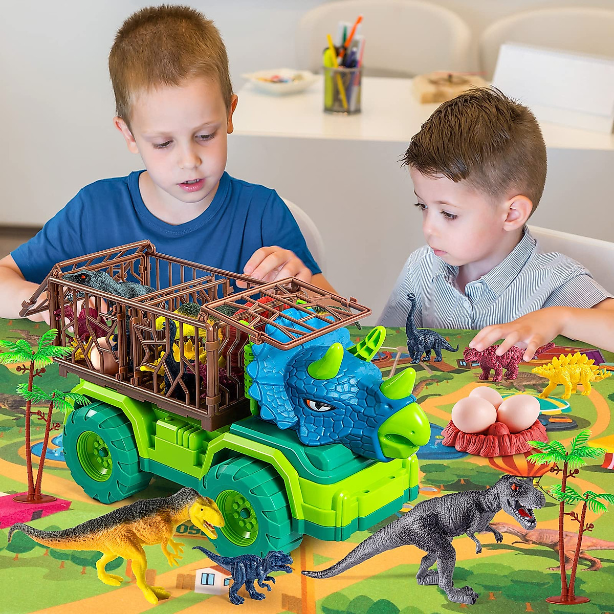 MAGICDINOSAUR Triceratops Dinosaur Truck Toy for Kids 3+ Years, Large Vehicle Carrier Car Toys, Monster Truck with Cage, Dino Eggs, Jurassic Dino Figures and Play Mat, Gift for Boys