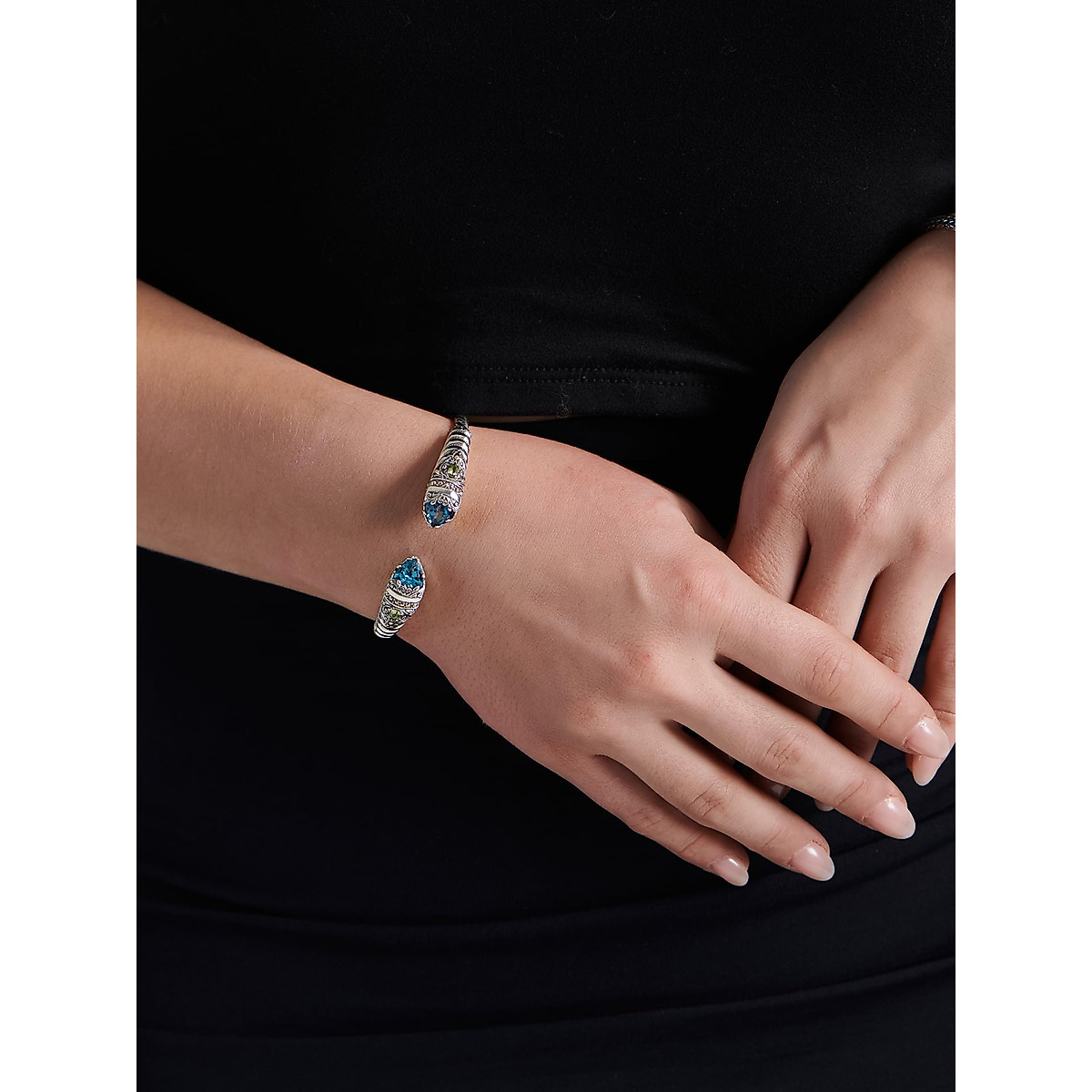 DEVATA Sterling Silver 925 and 18K Gold with Citrine and Peridot Bali Filigree Cuff Bracelet DHK3586CT (Size M)