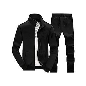 DOINLINE Men's Tracksuit 2 Piece Outfit Long Sleeve Jogging Sweatsuit Running Athletic Sports Set Black 2XL
