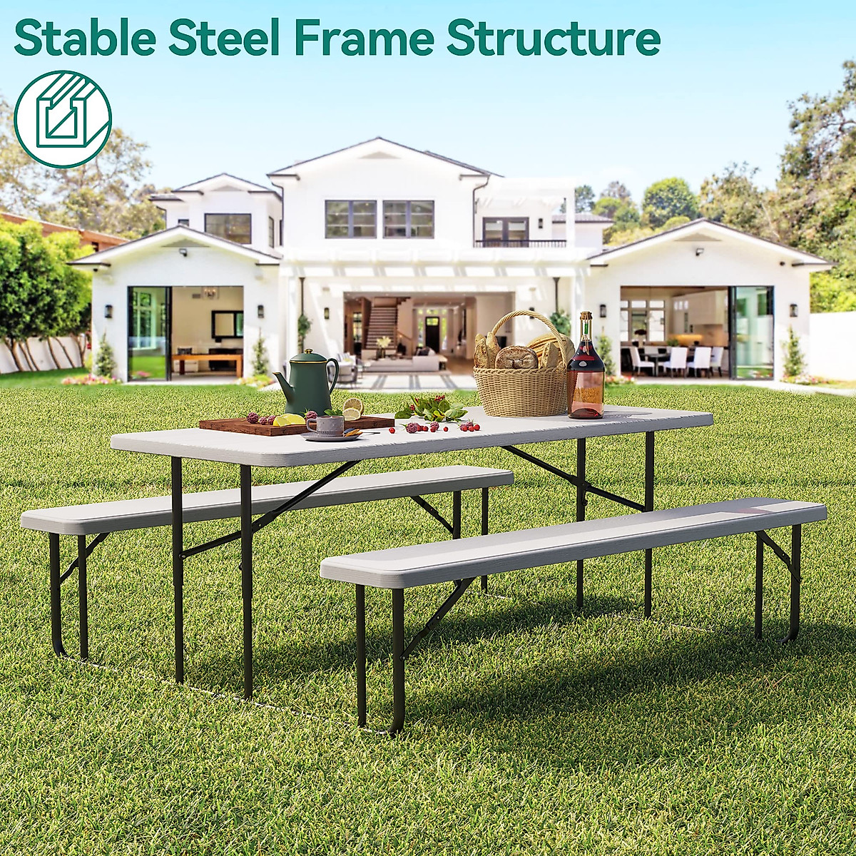 YITAHOME 6FT Large Folding Picnic Table w/Easy Assembly Steel Frame & Wood Like Tabletop, All Weather Folding Picnic Tables with benches Ideal for Yard Patio Lawn Party, White