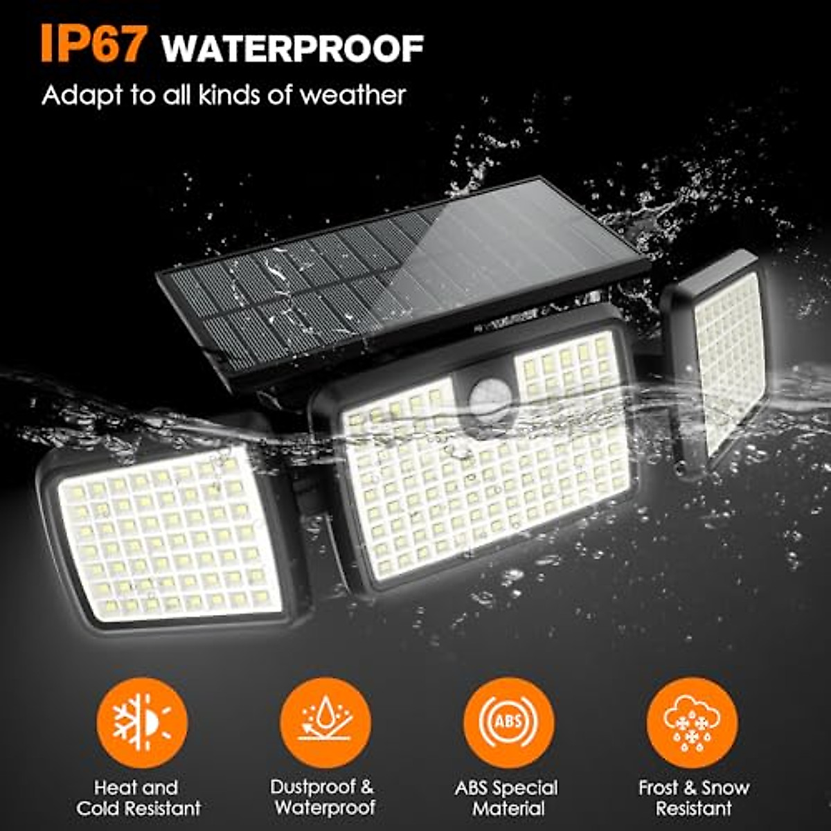 Solar Lights Outdoor, 3 Head Solar Motion Lights Outdoor with 2500LM 232 LEDs High Brightness, Built-in Bigger Tempered Glass Solar Panel, Sensitive PIR Motion Inductor