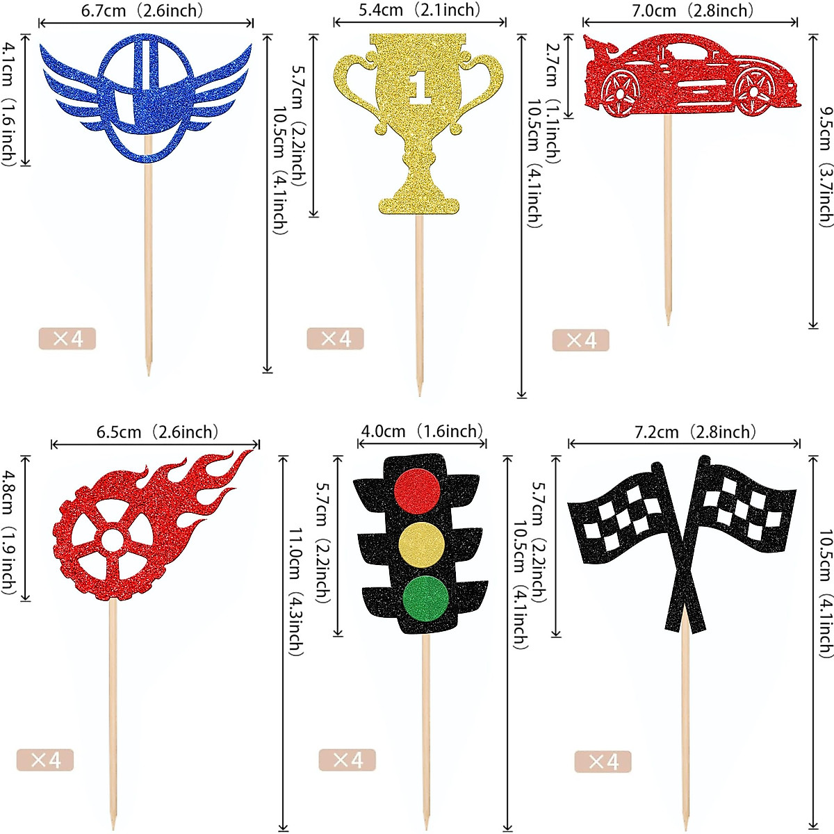 24 PCS Race Car Cupcake Toppers Glitter Traffic Light Wheel Trophy Flag Helmet Racing Car Cupcake Picks for Let's Go Racing Sports Theme Baby Shower Boys Birthday Party Cake Decorations Supplies