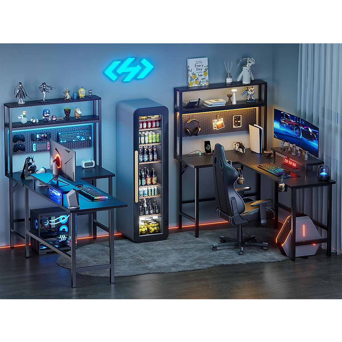 HLDIRECT L Shaped Gaming Desk, Reversible 59 Inch Computer Desk with Power Outlet & LED Lights- L Shaped Desk with Shelves and Monitor Stand, Carbon Fiber Corner Desk with Cup Holder & 2 Hooks