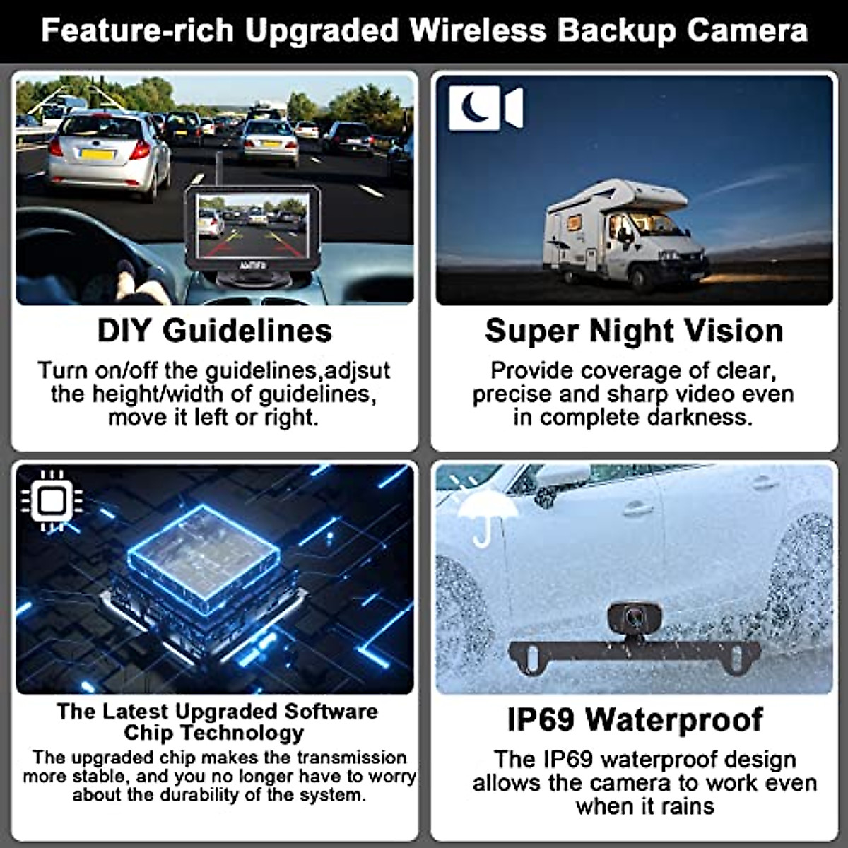 AMTIFO Wireless Backup Camera HD 1080P Car Truck Bluetooth Rear View 4.3 Inch Monitor System License Plate Back Cam Super Night Vision Digital Stable Signal A18