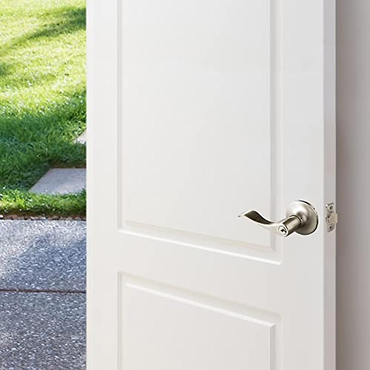 Design House 727933 Stratford Universal 6-Way Latch Door Lever, Satin Nickel, Keyed Entry, 3 Piece