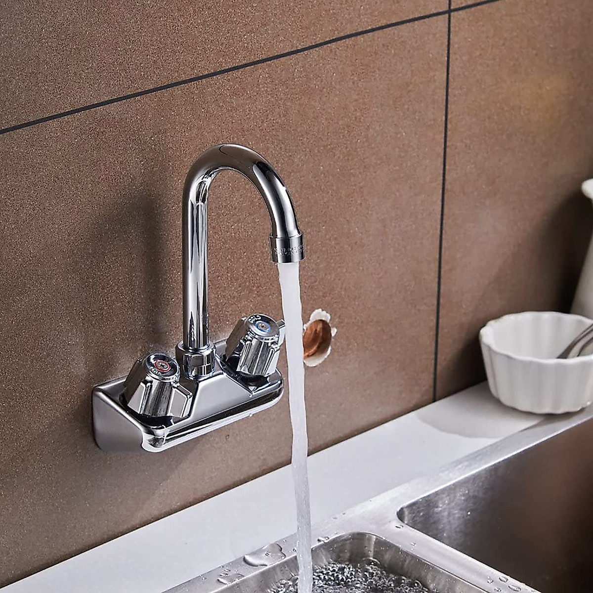 Bathfinesse Kitchen Sink Faucet Wall Mount 4" Center Commercial Kitchen Sink Faucet with 3-1/2" Gooseneck Spout Two Knob Handles Brass Constructed Mixer Tap Chrome Polished