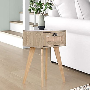 Sophia & William Rattan Nightstands Set of 2 Side End Table Bedside Table with Rattan Drawer and Solid Wood Legs for Bedroom Living Room and Small Space
