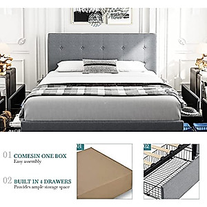 HOOMIC King Size Platform Bed Frame with 4 Storage Drawers, Adjustable Headboard with Square Stitched Button Tufted Design, Wooden Slats, No Box Spring Needed, Noise Free, Easy Assembly, Light Grey