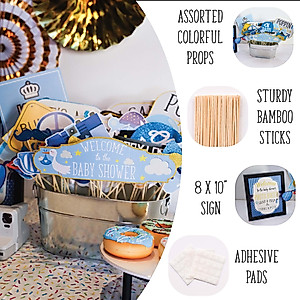 Boy Baby Shower Photo Booth Props - 41-pc Photo Booth Kit with 8 x 10-Inch Sign, 60 Adhesive Pads, 45 Sticks - Picture Props for Baby Shower - Baby Shower Boy Photo Booth Props