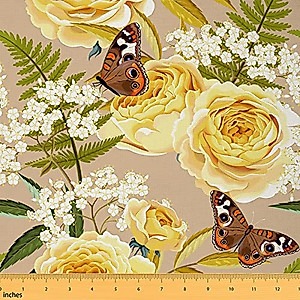 Rose Fabric by The Yard, Butterfly Floral Upholstery Fabric, Romantic Retro Decor Fabric, Botanical Animal Indoor Outdoor Fabric, Elderberry Fern Leaves Waterproof Fabric, Yellow Green, 2 Yards