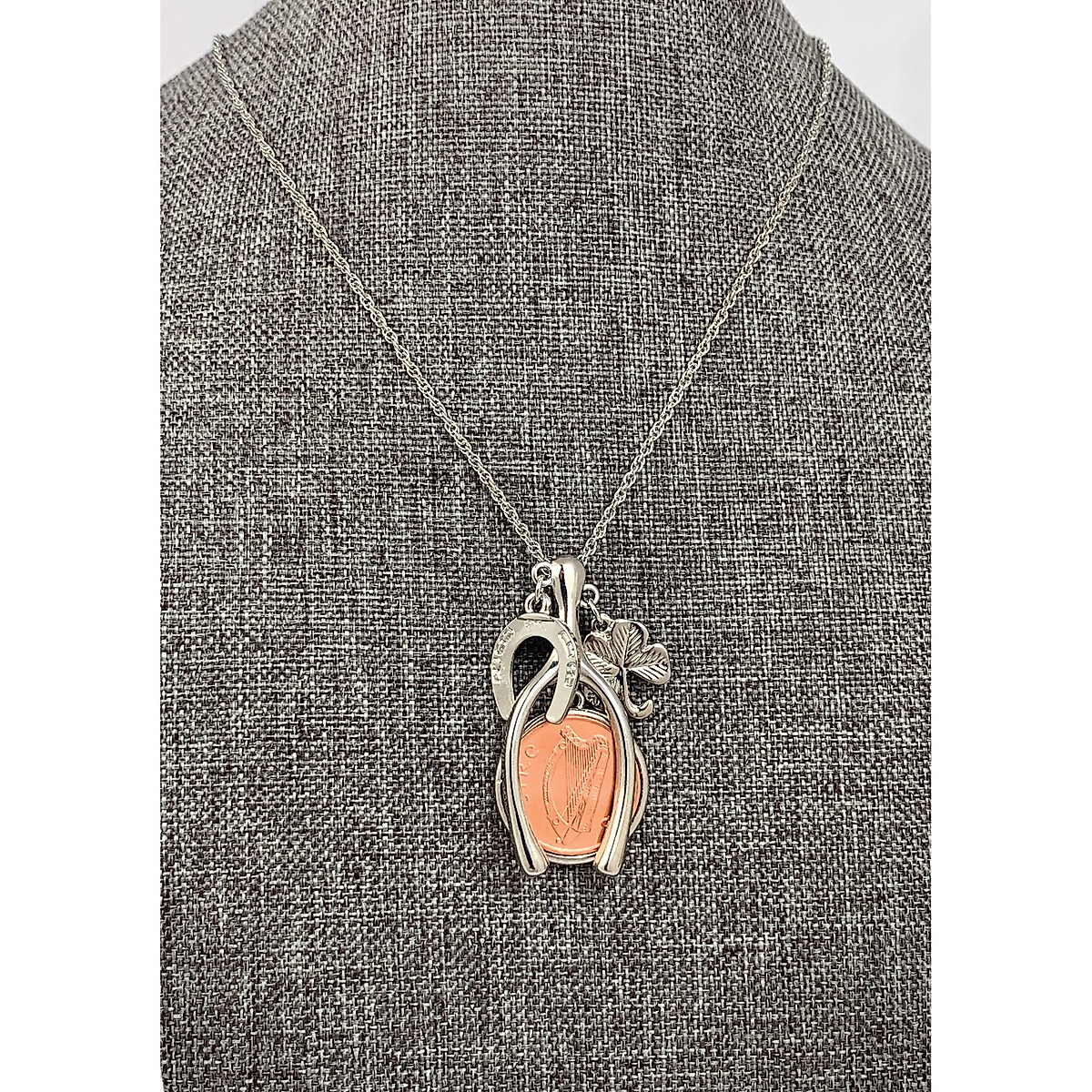 American Coin Treasures Lucky Irish Penny Silvertone Wish Bone Pendant Necklace