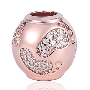 Rose Gold Baby Footprint Charm 925 Sterling Silver New Baby First Step Charms with Clear Cubic Zircon Round Bead Charms for Pandora European Charms Bracelet