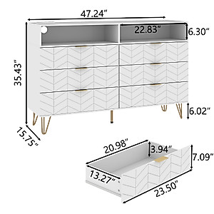 Loomie 6 Drawers Double Dresser with Power Outlet & LED Light,White Long Dresser Chests of Drawers with Storage Cubby,Wood Wide TV Dresser Stand for up to 55" for Bedroom,Hallway,Entryway