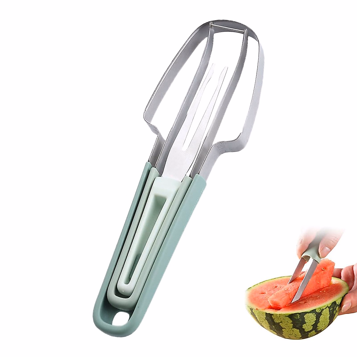 Watermelon Cutter Slicer，2024 New 3-in-1 Multi Functional Household Fruit Splitter Watermelon Fork Slicer Cutter, Melon Cutter Knife Portability Fruit Fork for Camping Kitchen Gadgets (light green)