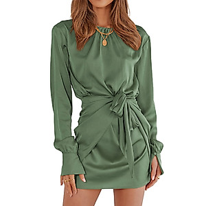 BTFBM Women Casual Long Sleeve Ruched Wrap Dress Crew Neck Tie Waist Short Dress Solid Color Mini Dress Satin Cocktail Dress(Solid Army Green,Large)