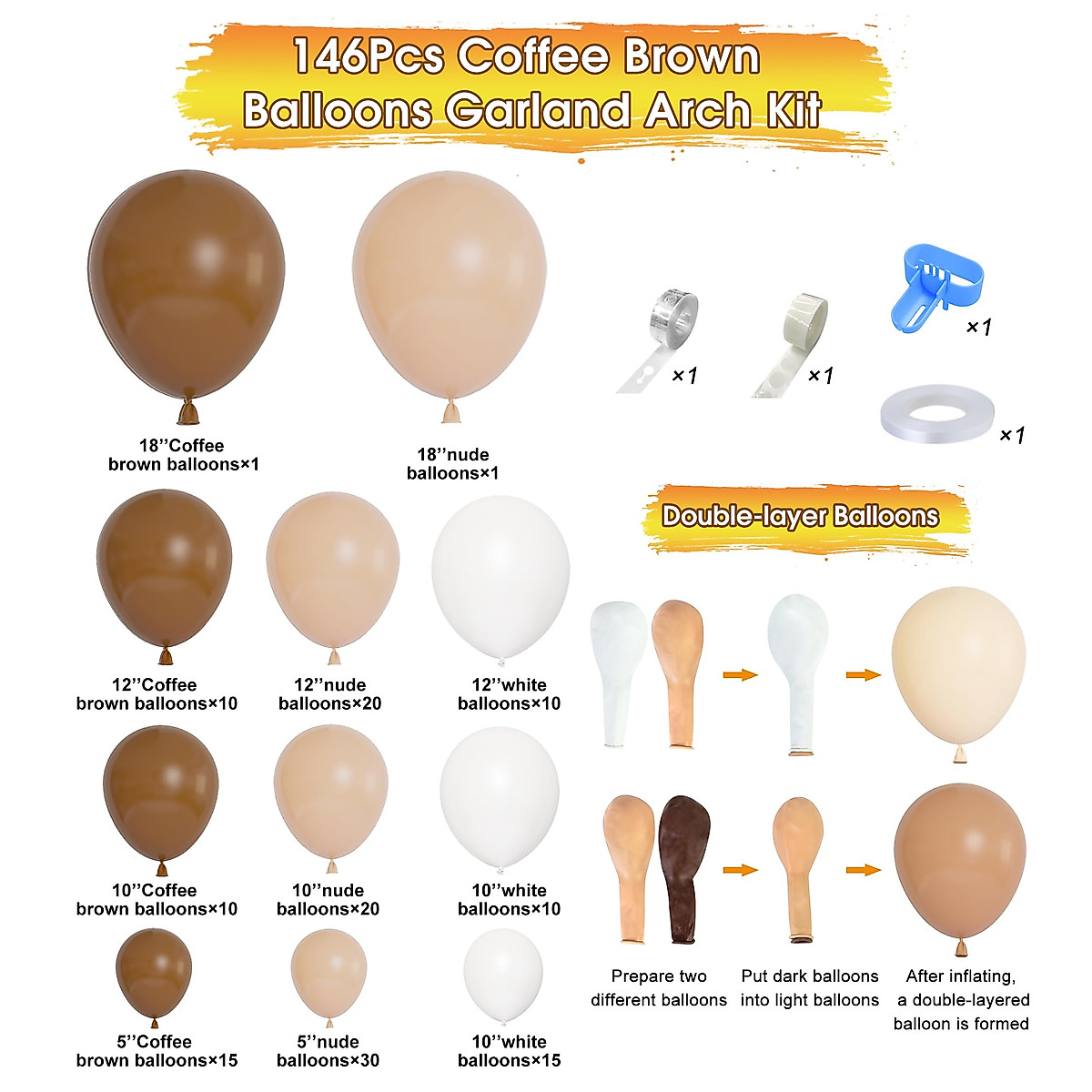 146Pcs Brown Balloons Garland Arch Kit, DIY 18"12"10" Coffee Brown Blush Nude Balloons for Neutral Woodland Teddy Bear Baby Shower Wedding Jungle Safari Birthday Party Decorations
