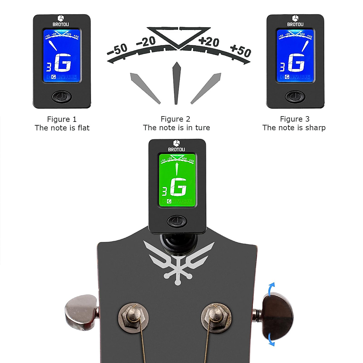 BROTOU Guitar Tuner Clip On with Guitar Capo for Guitar, Bass, Violin, Ukulele, Digital Electronic Tuner Acoustic Guitar Accessories with LCD Display