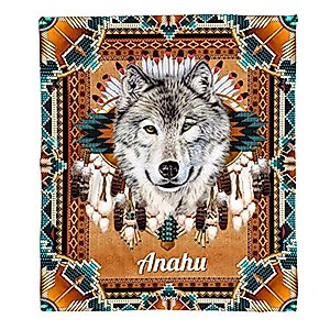 Toyshea Native American Blanket Western Wolf Indian Fleece Or Sherpa Throws Small Large Size Tribal Pattern Blankets Throw Personalized Gifts for Men Women Bedding Couch Outdoor Home Decor