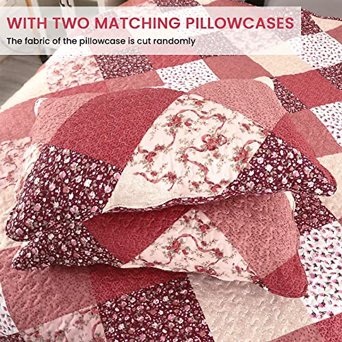 Qucover Quilt Queen Size, 3 Piece Multicolour Patchwork Print Red Pink Beige Floral Reversible Quilts Set, Soft Microfiber Lightweight Quilt Bedspread Bedding Set for All Seasons