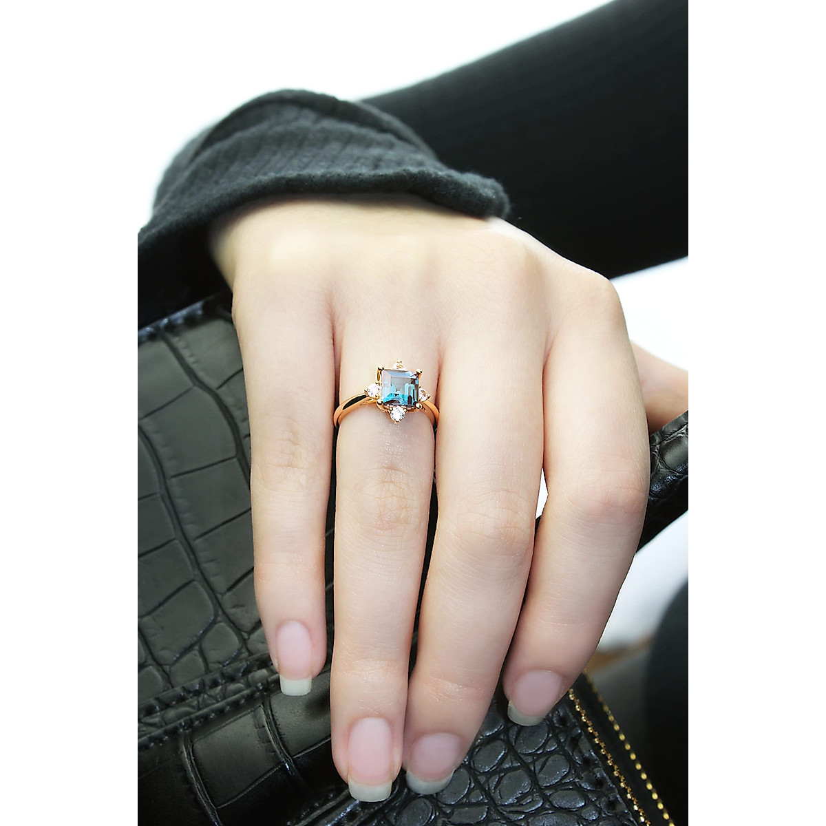 Heartland By Beverley Mitchell 10K Rose Gold 7mm Square Cut Teal Lab-Created Alexandrite & Lab-Created White Sapphire Cathedral Statement Ring - Size 8
