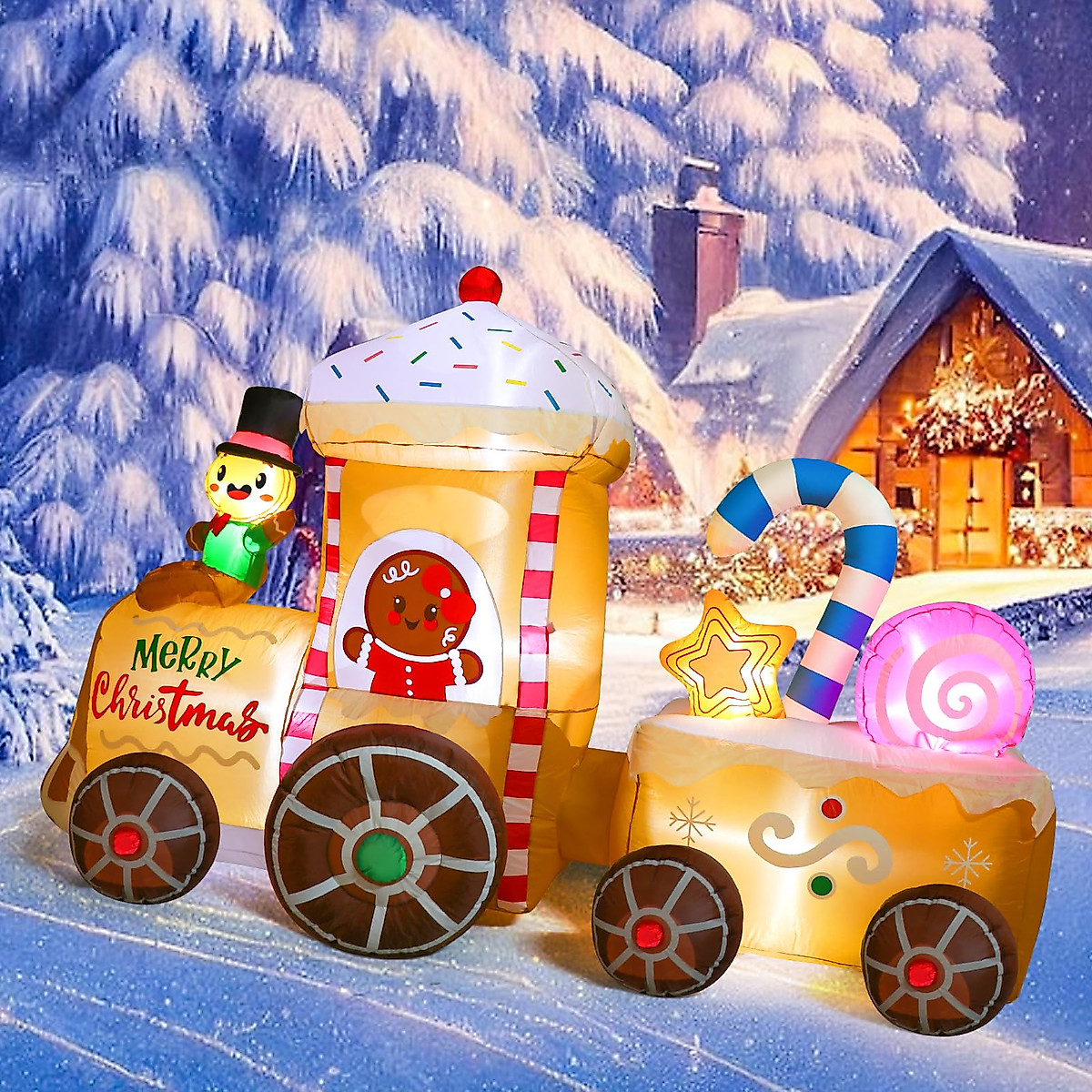 8ft Christmas Inflatable Train Decoration with LED Lights, Candy Canes, Gingerbread Men - For Outdoor