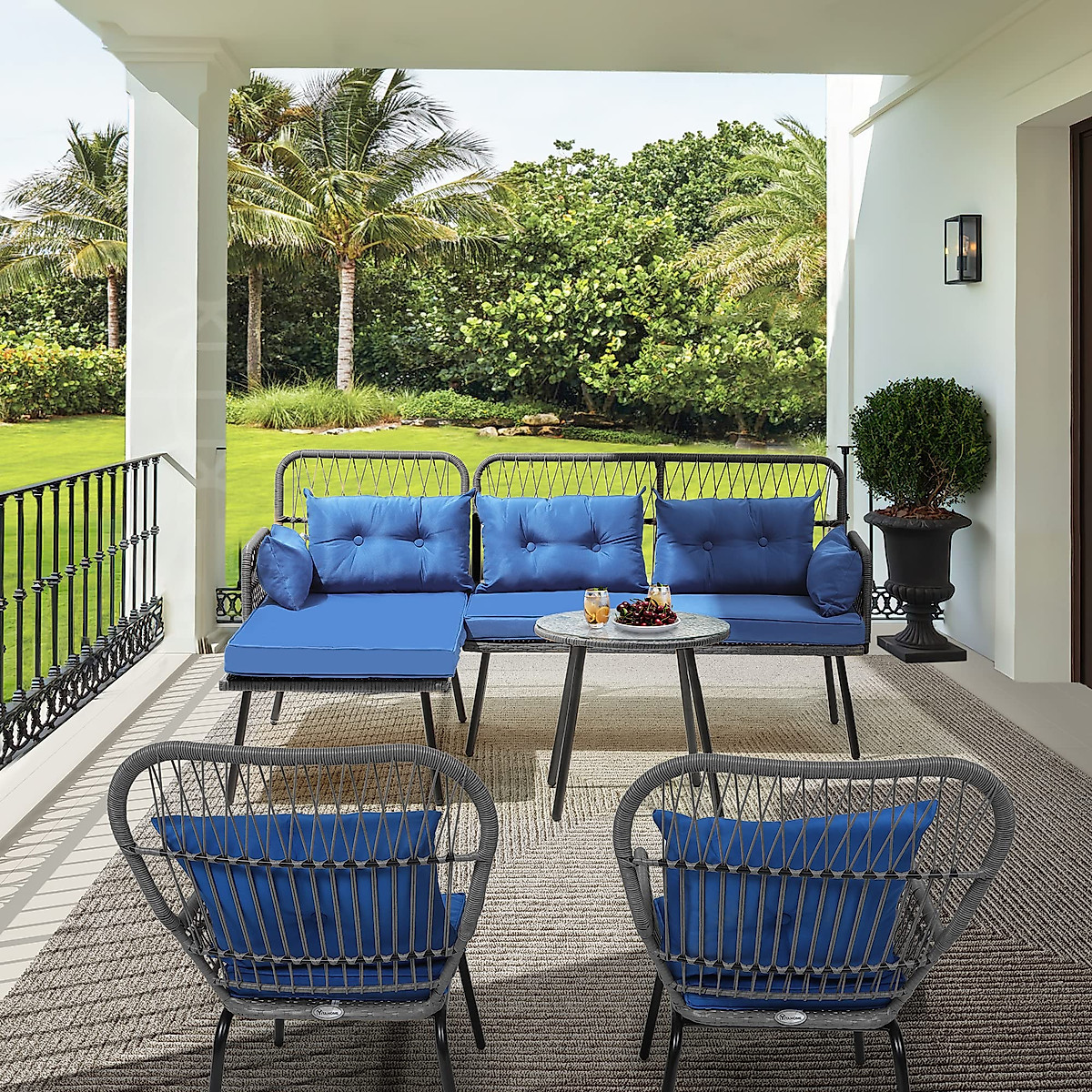 YITAHOME Patio Furniture L-Shaped Coversation Sectional Outdoor Sofa Set for Backyard, Porch with Thick Cushions Detachable Lounger, Side Table (Gray+Navy Blue)