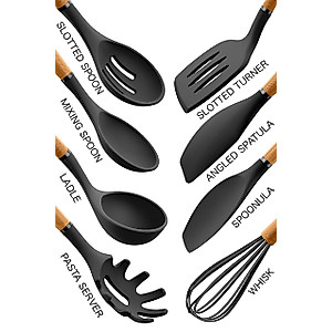 Country Kitchen Silicone Cooking Utensils, 8 Pc Kitchen Utensil Set, Easy to Clean Wooden Kitchen Utensils, Cooking Utensils for Nonstick Cookware, Kitchen Gadgets and Spatula Set - Black