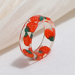 4-12 Pcs Resin Fruit Rings Set Colorful Transparent Plastic Fruit Rings Strawberry Kiwi Lemon Apple Grape Pitaya Grapefruit Orange Watermelon Cute Knuckle Stackable Fruit Rings for Women Teen Girls,