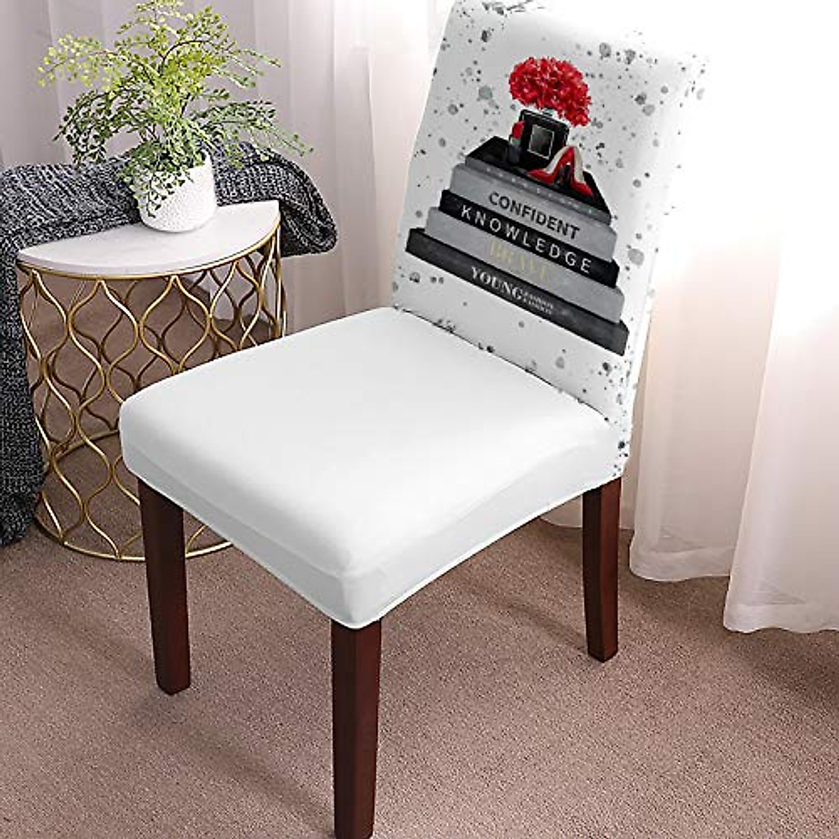 Dining Room Chair Covers, Red Lipstick High Heels Flower Black Gray Book Abstract Watercolor Painting Stretch Parsons Chair Slipcovers Removable Chair Protector Cover Set of 8