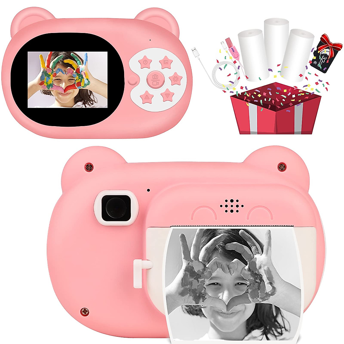 Instant Print Camera for Kids, Kids Camera with 3 Rolls Print Paper 1080P Kids Digital Camera 1600 mAh 32GB SD Card Toy Gifts for Birthday Christmas Holiday Children's Day (Pink)
