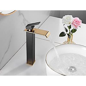 Bathroom Vessel Faucet Black Gold Waterfall One Hole Bowl Sink Faucet Bathroom Faucets Tall Single Handle Bath Vanity Lavatory Deck Mount Supply Lines Hose Commercial
