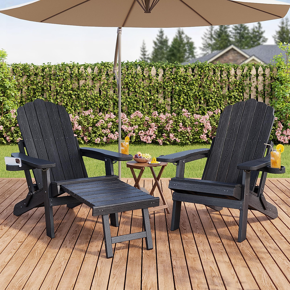 Ahomly Adjustable Backrest Adirondack Chair with Ottoman & 2 Cup Holders, HIPS All-Weather Folding Adjustable Adirondack Chair, for Outdoor, Beach, Pool, Porch, Lawn, Black