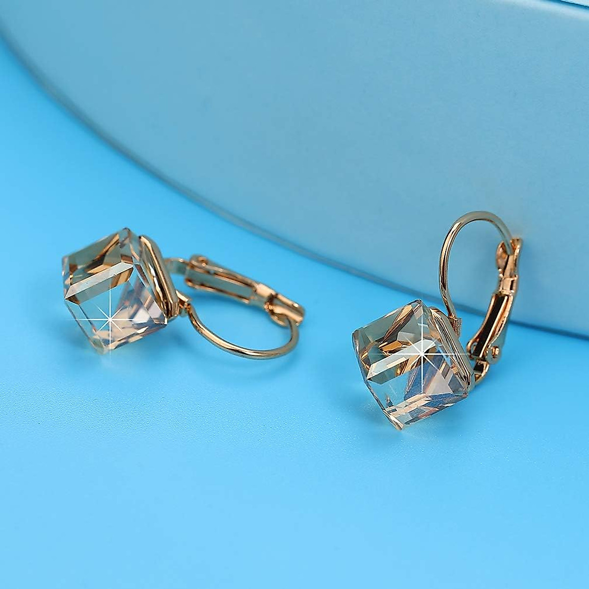 Cube Austrian Crystal Drop Leverback Earrings for Women Fashion 14K Rose Gold Plated Hypoallergenic Jewelry (Light Topaz)