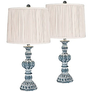 Regency Hill Tanya Rustic Traditional Table Lamps Set of 2 26 1/2" High Blue Washed Oyster Shirred Fabric Drum Shade for Bedroom Living Family Room Bedside Nightstand House Home Office