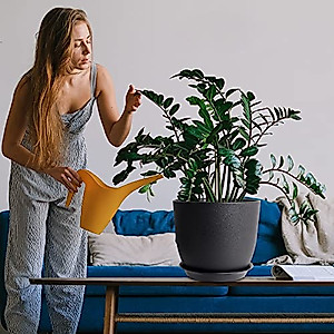 WOUSIWER Plant Pots 10/9/8 inch, Set of 3 Modern Decorative Plastic Planters with Drainage Holes and Saucers for House Plants Indoor Flowers Plants, Black