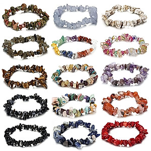Subiceto 15pcs Natural Gemstone Chakra Crystal Bracelets for Women Men Irregular Tumble Polished Align Gravel Bracelet Colorful Healing Chip Stretch Stone Bracelets Set Dark