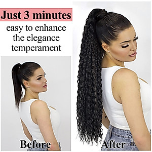 30inch Long Corn Curly Wave Drawstring Ponytail Synthetic High Puff Hair Pieces With Comb Black Wavy Clip in Extensions (1B)