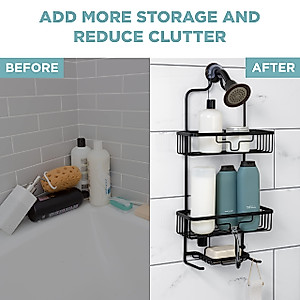 Zenna Home Rustproof Shower Caddy Hanging Bathroom Organizer, Aluminum Shower Rack with 2 Shelves and Built in Hooks, Premium Over Shower Head Storage System, Black