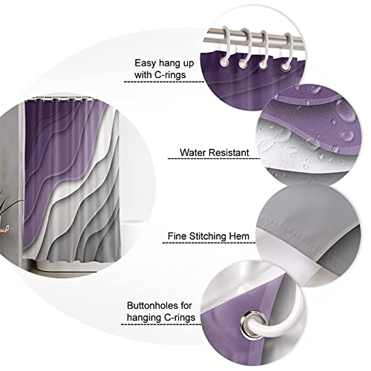 Comforance Purple Gray Modern Geometric Shower Curtain Set with Rugs and Hooks for Bathroom, 4PC Waterproof Fabric Bath Shower Curtain and Non-Slip Bathroom Mats, Abstract Gradient Art